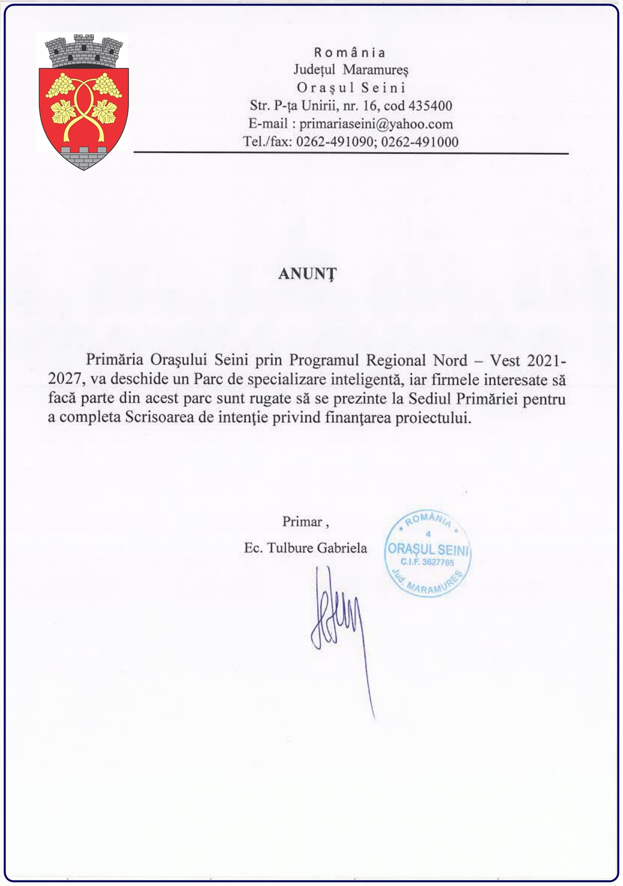 Seini – Parc industrial prin Programul Regional Nord-Vest – Maramures ...